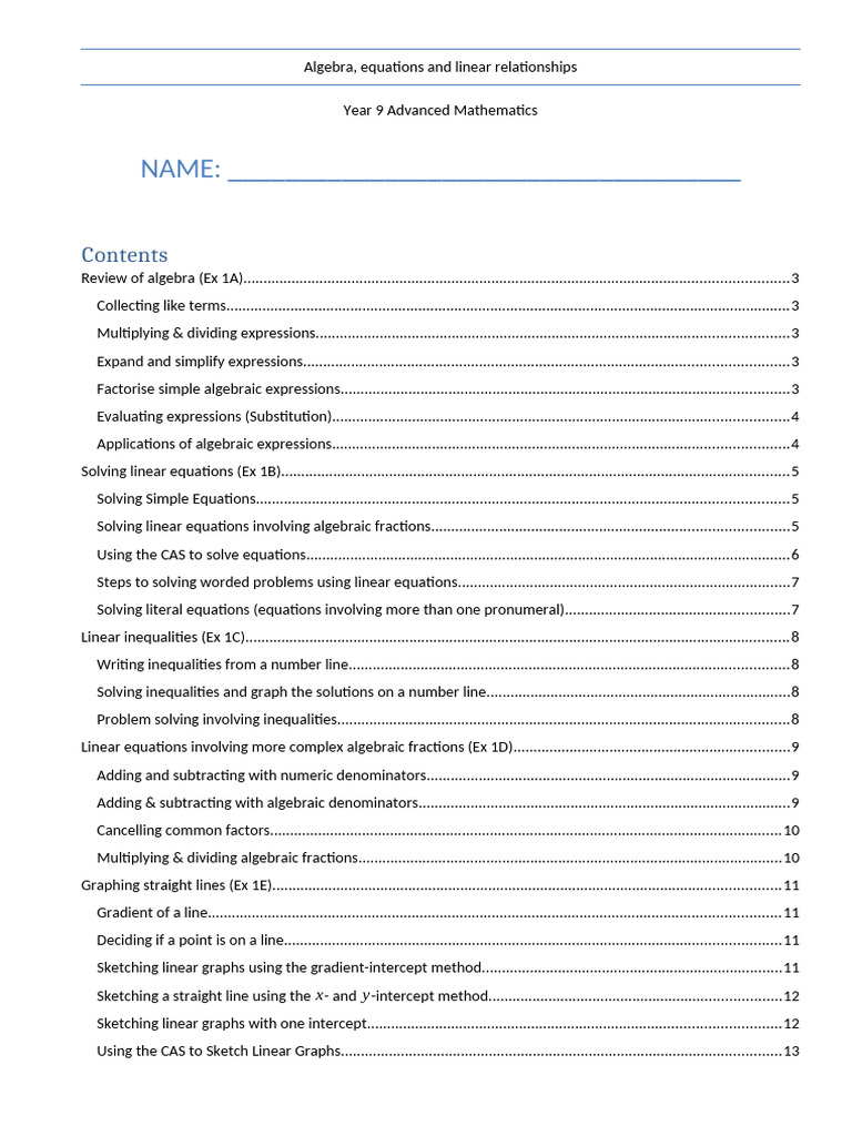 2025 Topic 1 Notes - Linear Relationships | PDF | Equations | Algebra