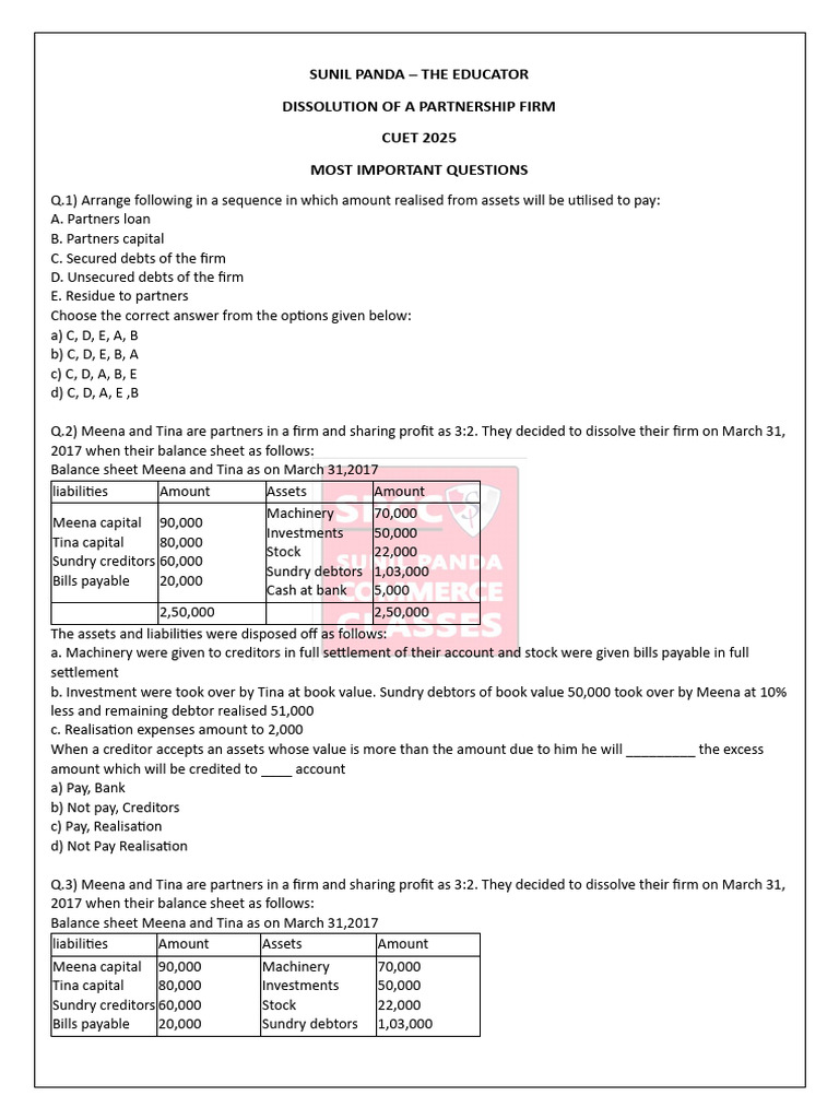 Dissolution of A Partnership Firm MCQ CUET Questi - 241216 - 124845 | PDF | Debits And Credits ...