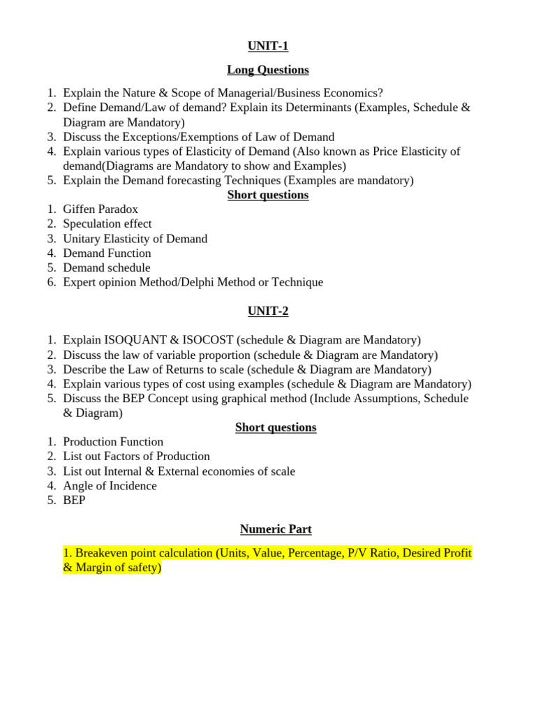 BEFA Important Questions | PDF | Demand | Elasticity (Economics)