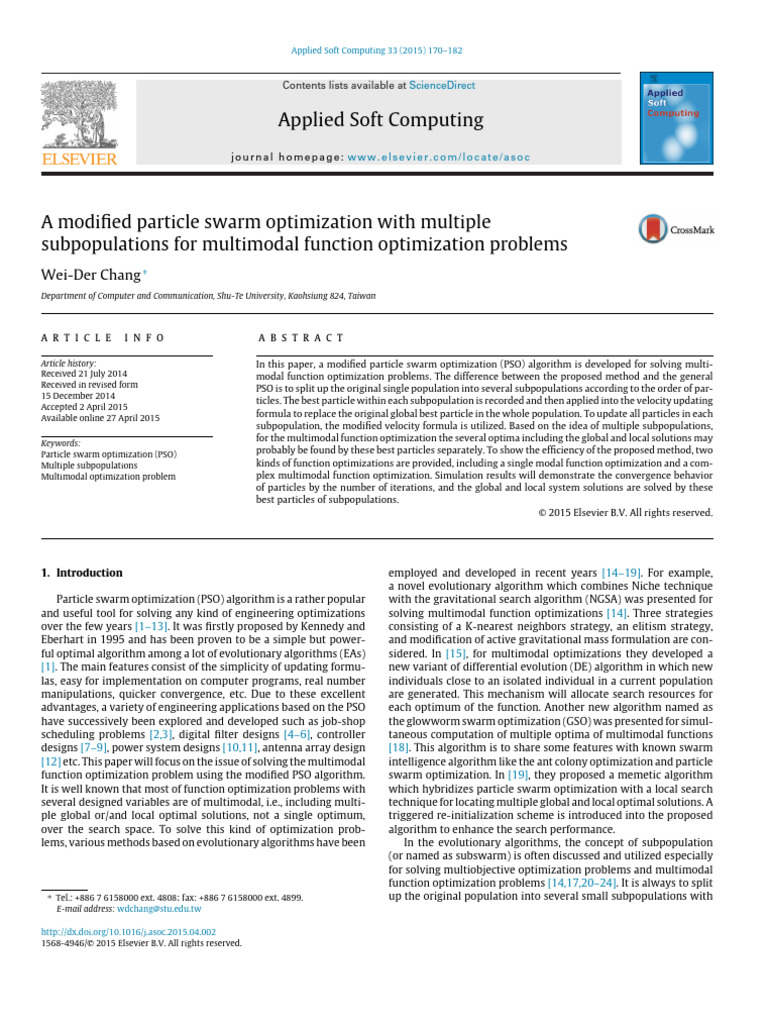 2015 Elsevier a Modified Particle Swarm Optimization With Multiple Subpopulations for Multimodal ...