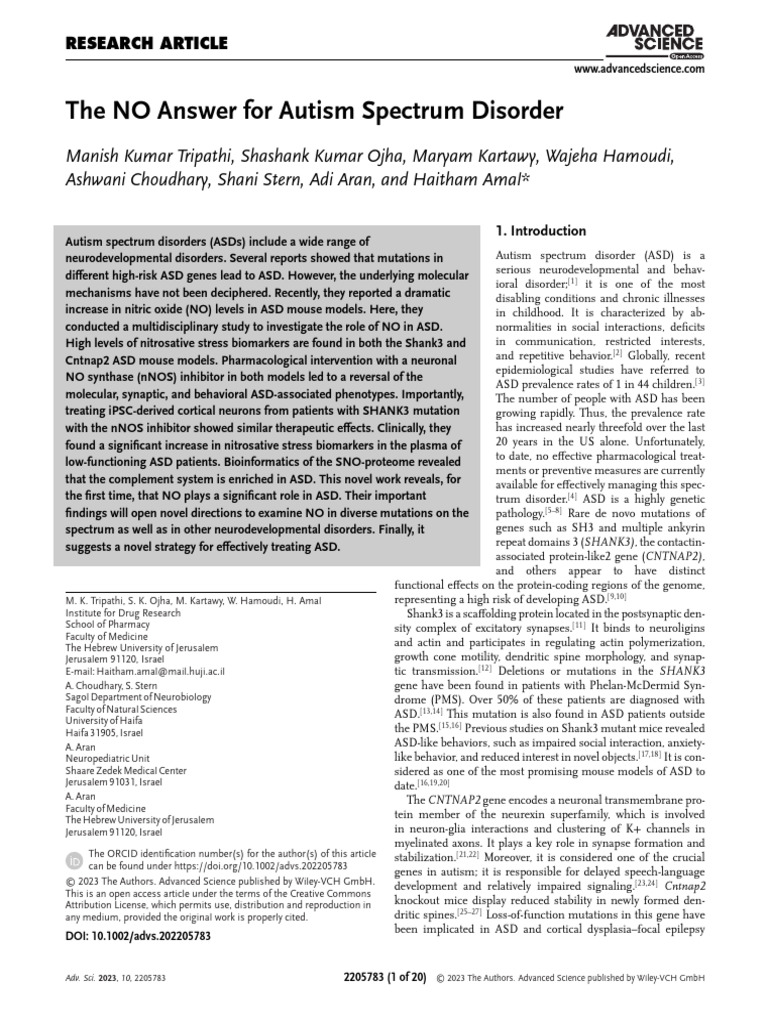 Advanced Science - 2023 - Tripathi - The NO Answer For Autism Spectrum ...