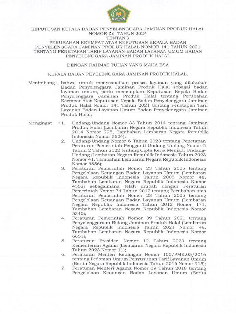 Kepka 22 TH 2024 Tentang Perubahan Kepkaban No 141 TH 2021 - Tarif | PDF