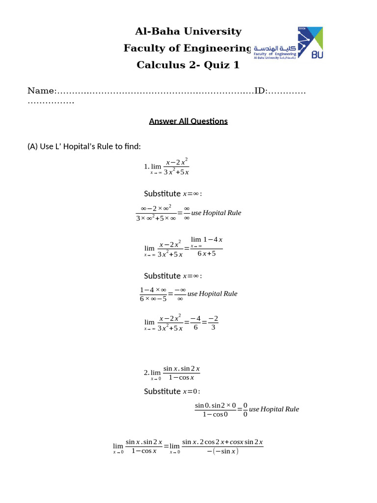 Calculus 2 Quiz 1 3rd 1445 G1 solution | PDF | Calculus | Functions And ...