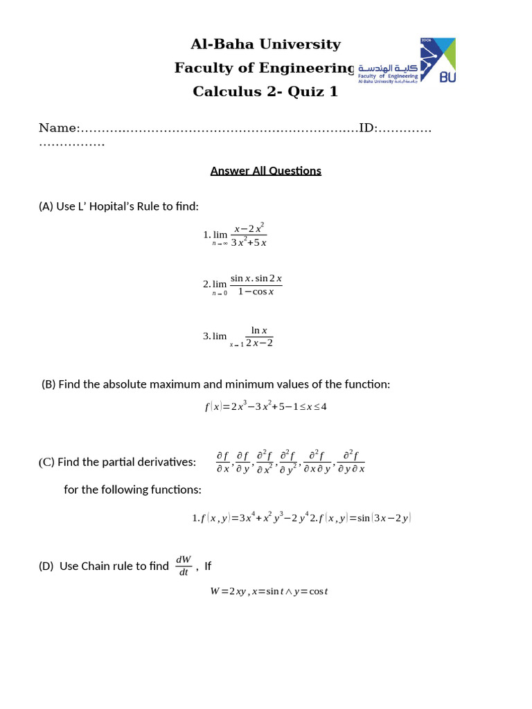 Calculus 2 Quiz 1 3rd 1445 1 | PDF | Mathematical Analysis ...