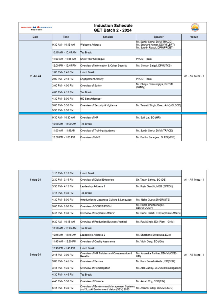 Induction Schedule for Batch 2 - 2024 | PDF