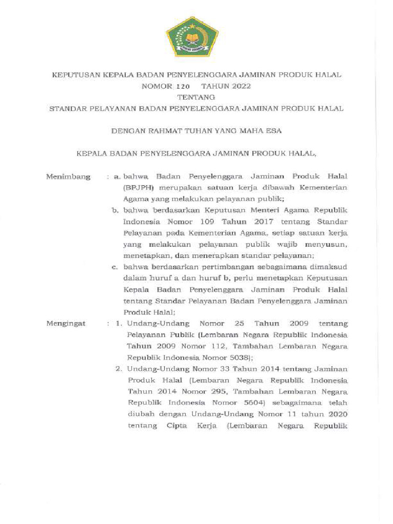 SK Kepala BPJPH Nomor 120 Tahun 2022 tentang Standar Pelayanan BPJPH | PDF