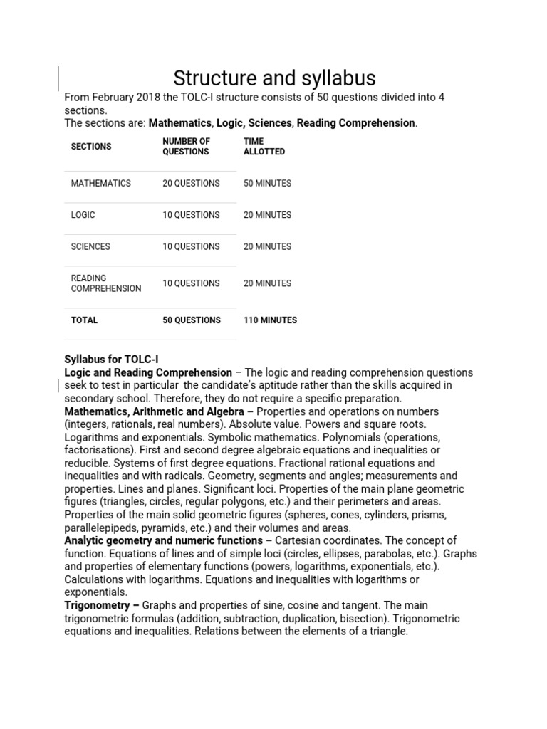Structure and Syllabus Tolc-I | PDF | Trigonometric Functions | Equations