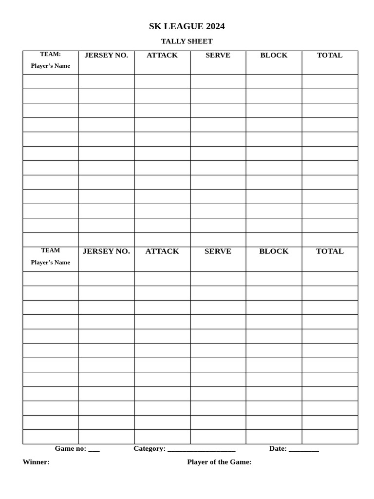 SK League 2024 Tally Sheet | PDF | Volleyball | Ball Games