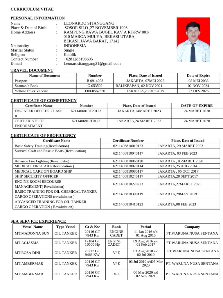 CV Leonardo Sitanggang Att@ | PDF | Ships | Water Transport