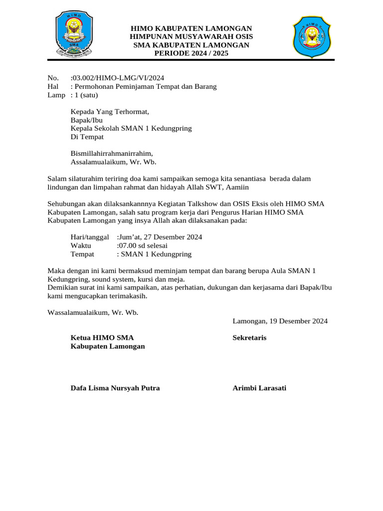 Surat Peminjaman Aula | PDF