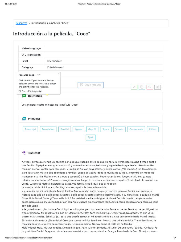 TeachVid - Resource - Introducción A La Película, "Coco" | PDF