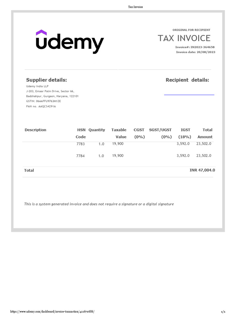Udemy Tax Invoice IN2023-364658 | PDF