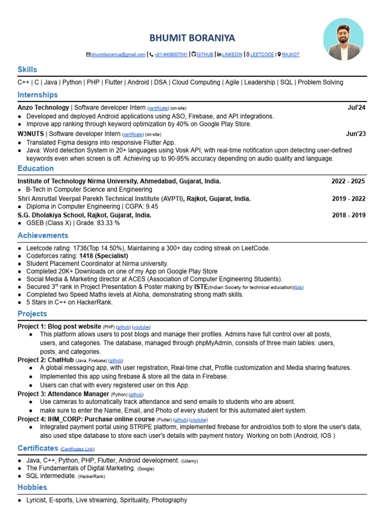 Bhumit Boraniya Resume | PDF | Mobile App | Android (Operating System)