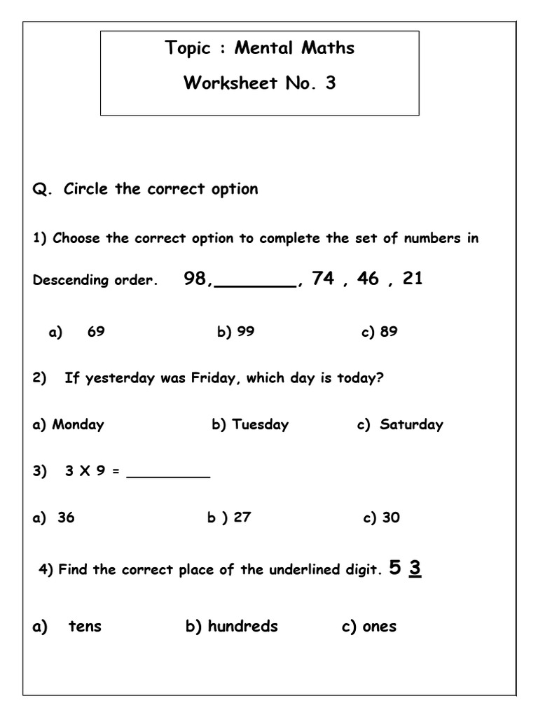 Mental Maths Worksheet Questions | PDF