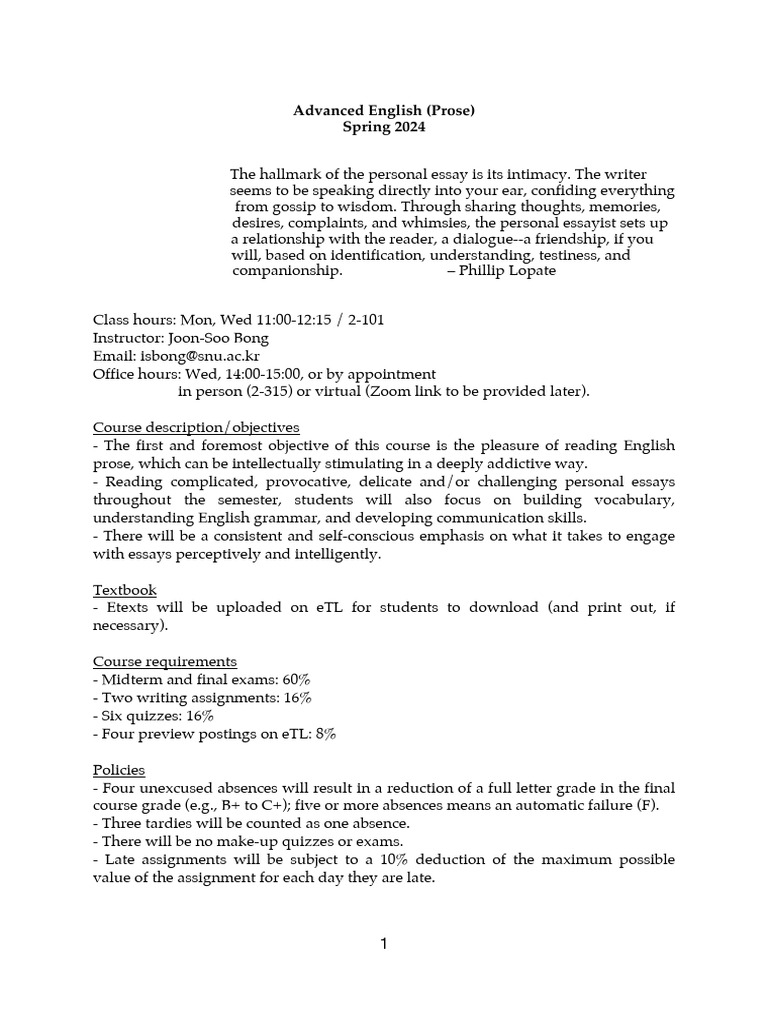 T AE Prose 2024-1 Syllabus Draft in Progress 240225 | PDF | Essays