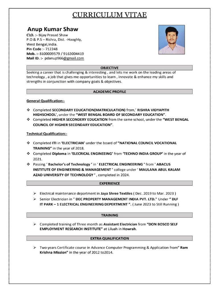 Anup Kumar Shaw (EE) CV | PDF