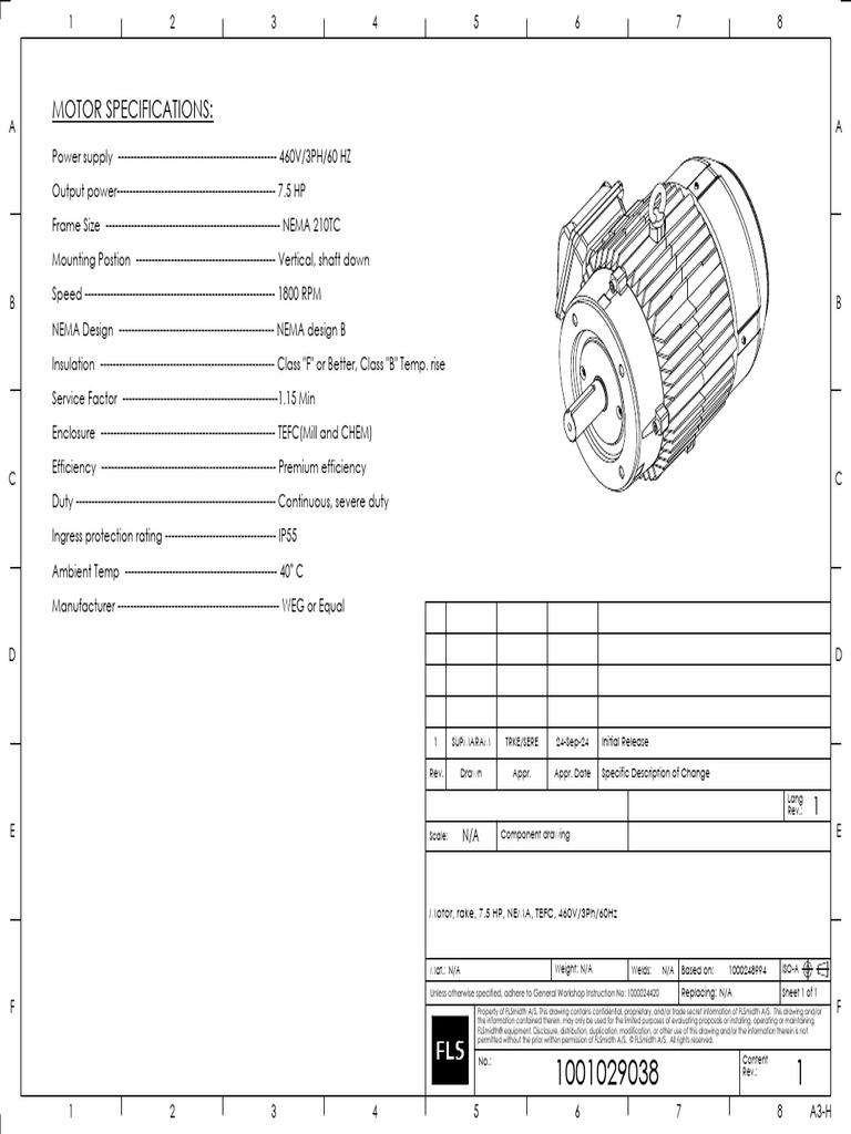 Motor Specifications:: Motor, Rake, 7.5 HP, NEMA, TEFC, 460V/3Ph/60Hz ...