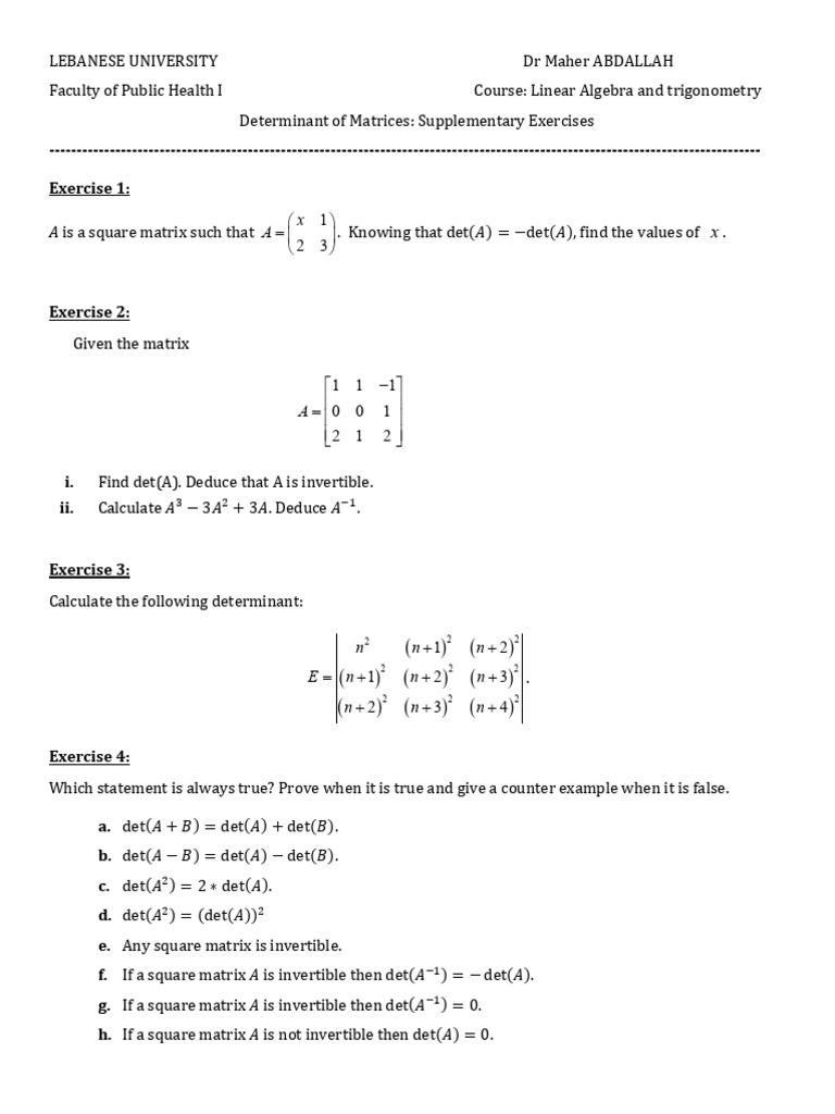 Determinant of Matrices Supplementary Exercises | PDF