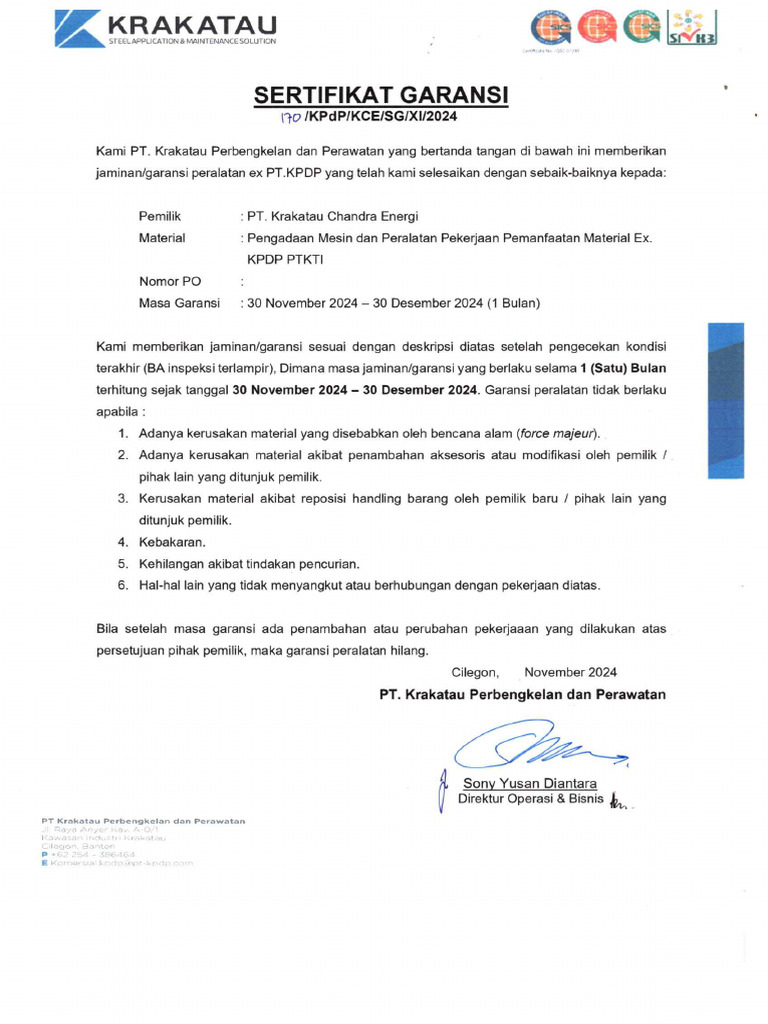 Sertifikat Garansi PT Kce | PDF