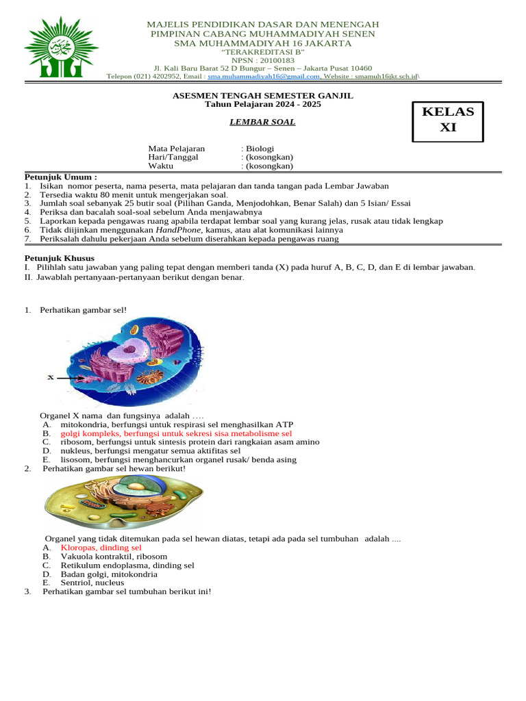 Soal Biologi Ats Ganjil Kelas Xi Tp. 2024-2025 | PDF