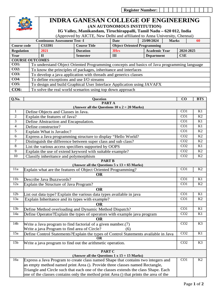 CS3391 - OOPS CAT QP Template | PDF | Class (Computer Programming) | Inheritance (Object ...