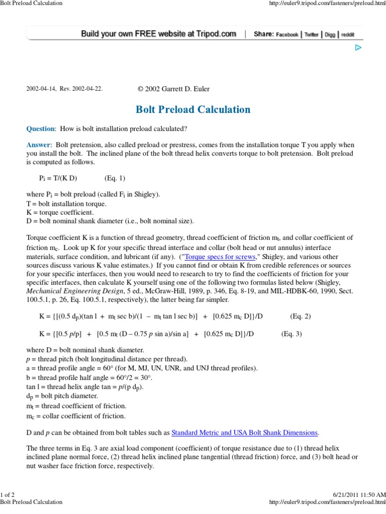 Bolt Preload Calc | Screw | Strength Of Materials