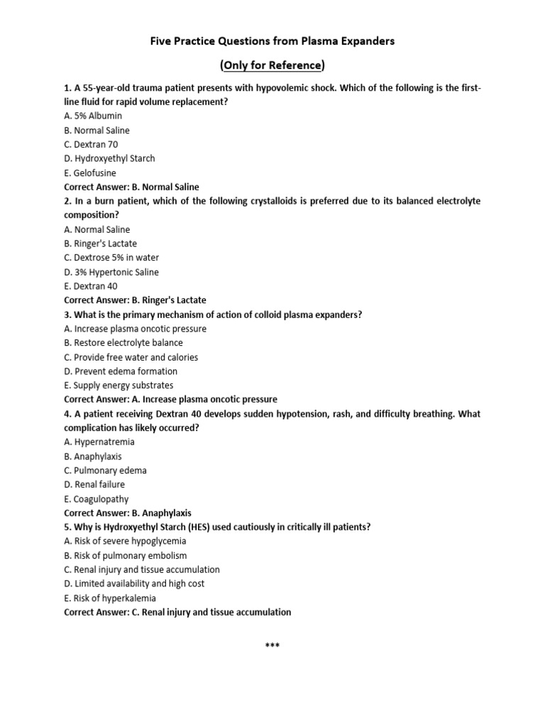 Five practice questions from Plasma expanders | PDF
