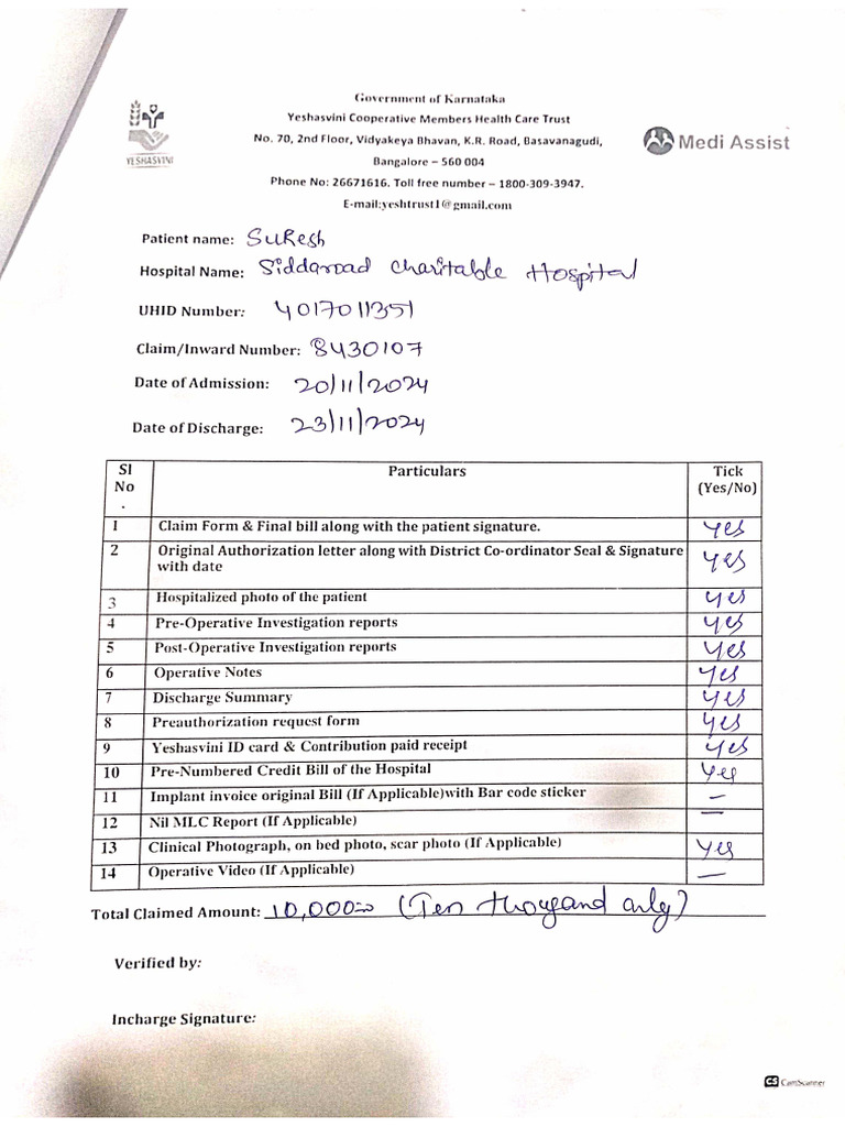 Checklist Claim Form Final Bill Preauth Form | PDF