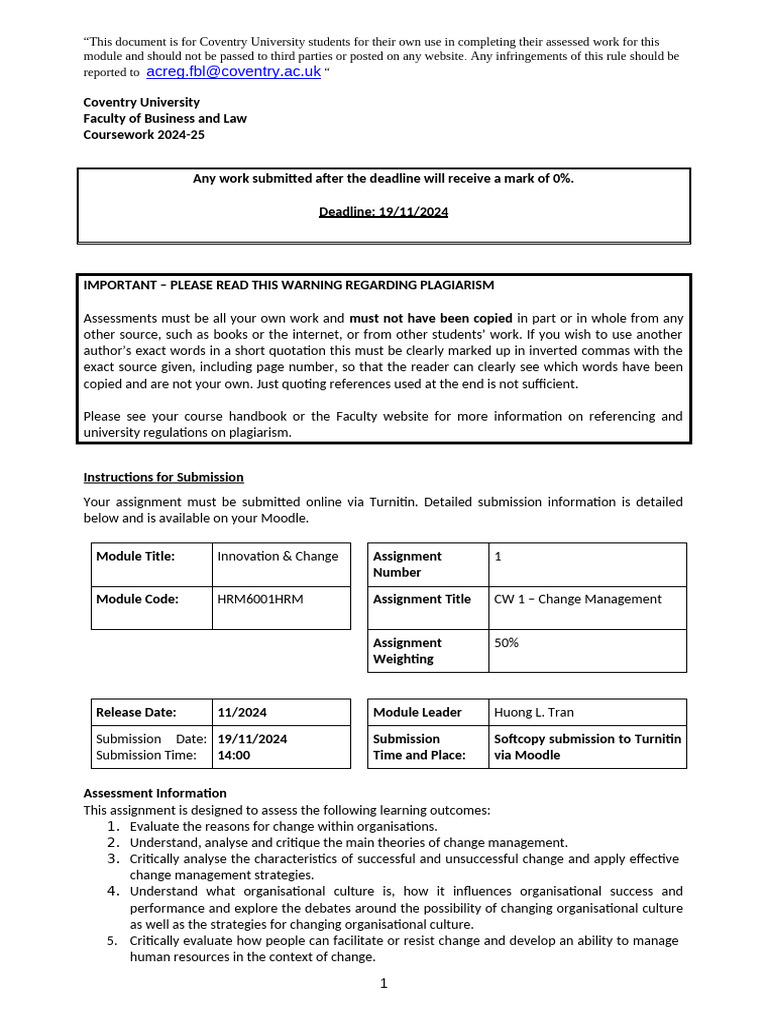 NEU6001HRM - CW1 - IC Sep 2024 | PDF | Plagiarism | Methodology