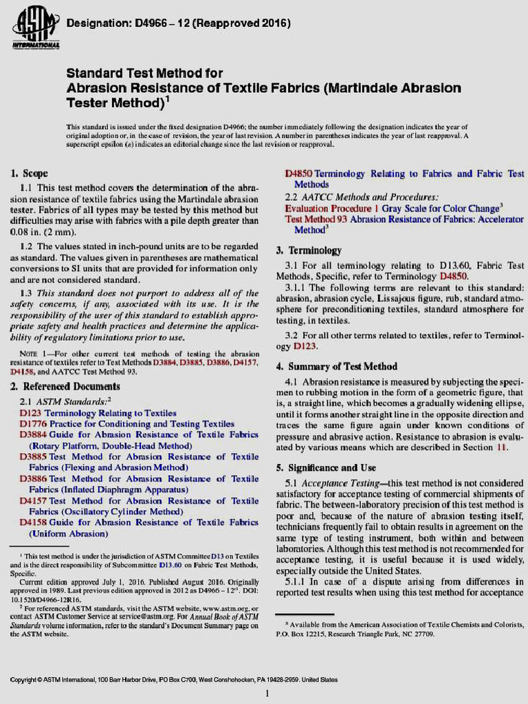 Martindale Abrasion Test Standard D4966 | PDF | Textiles