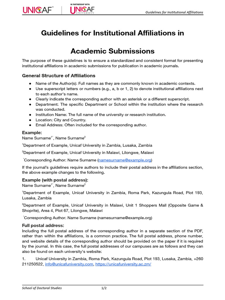 Guidelines For Institutional Affiliations-Unicaf - UU 22 07 2024 | PDF