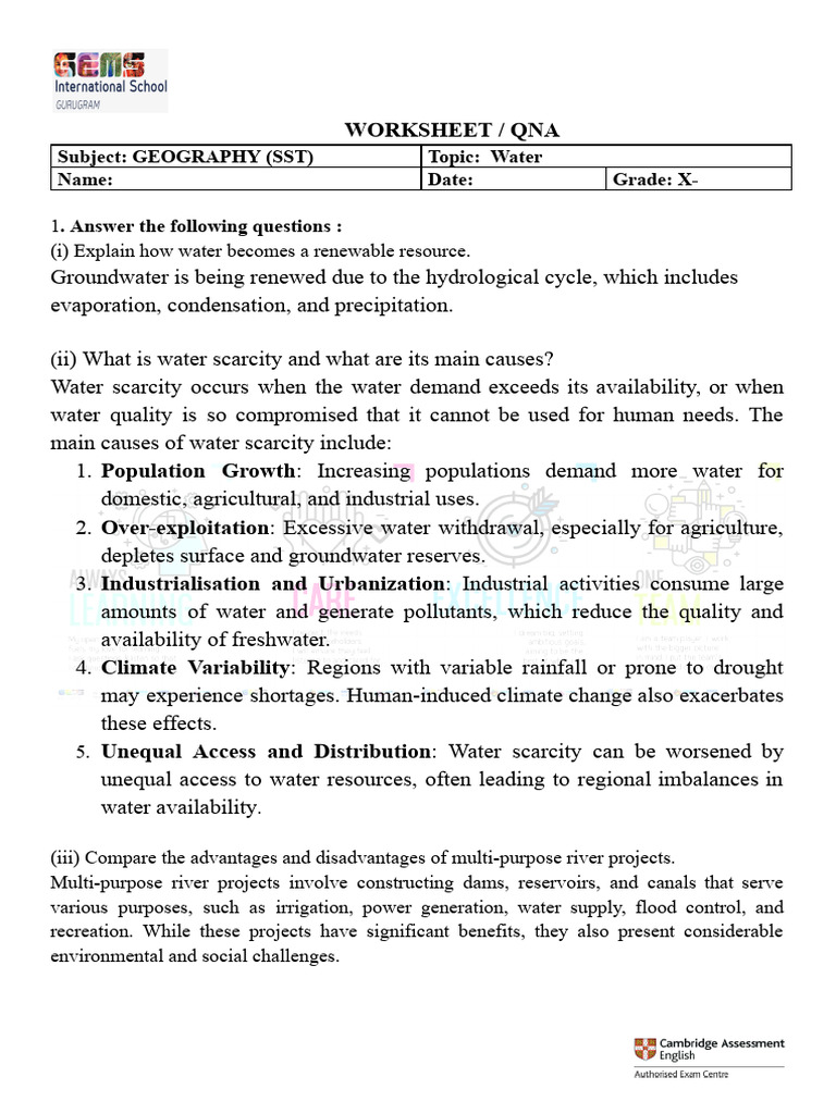 Water Worksheet - Docx Class10 | PDF | Water Scarcity | Flood