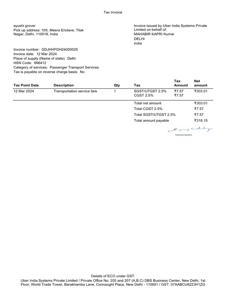 Uber Bill in Delhi | PDF