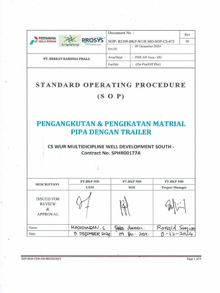 SOP - Pengangkutan & Pengikatan Material Pipa Dengan Trailer | PDF