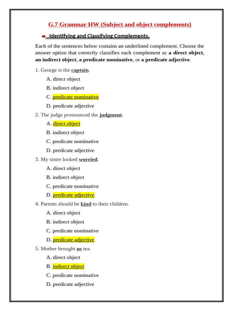 G.7 Grammar HW (Subject and Object Complements) Solution | PDF