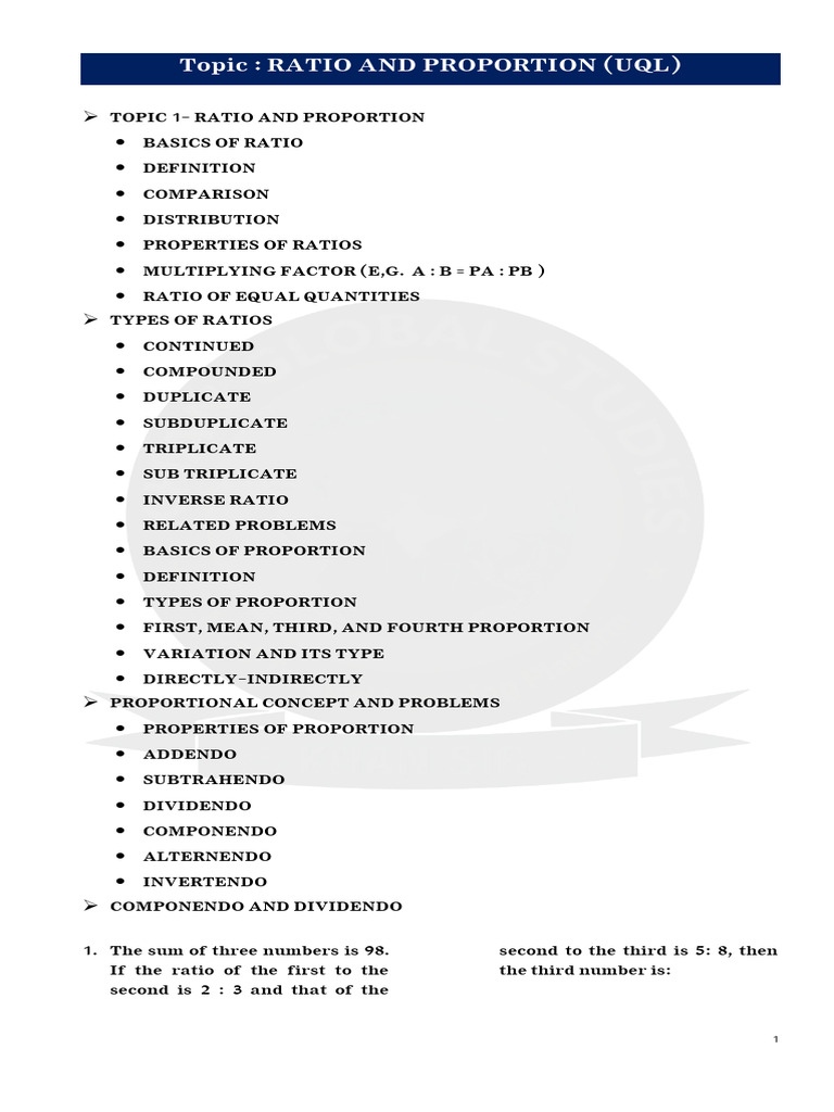 Topic: Ratio and Proportion (Uql) | PDF