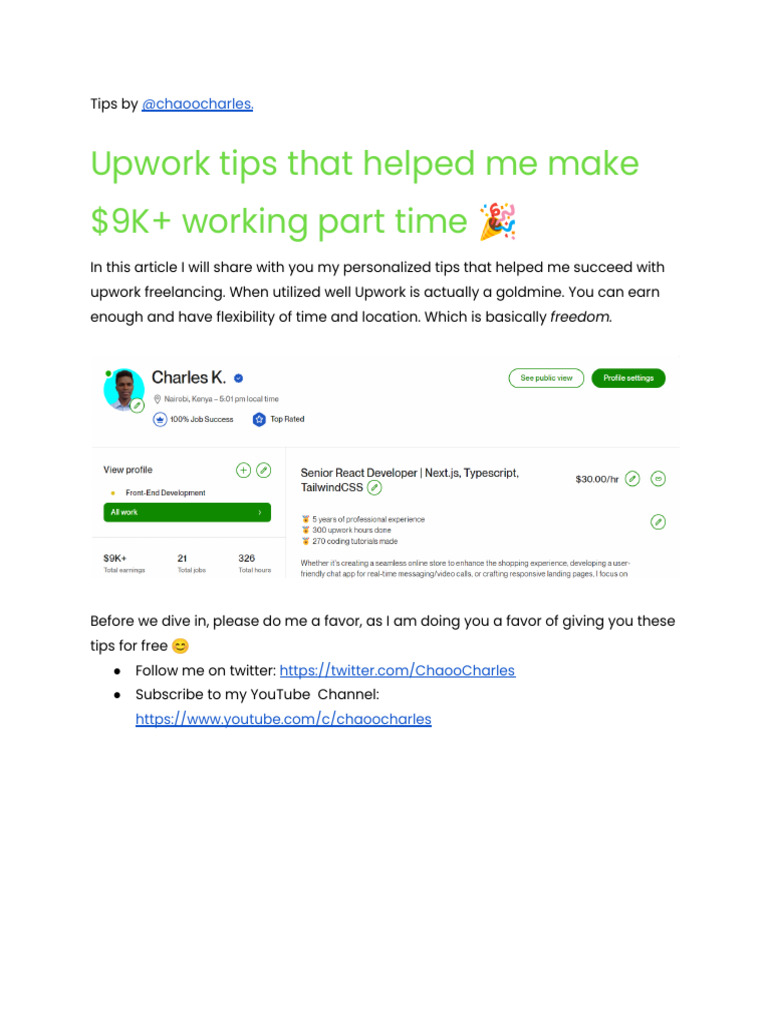 Upwork Freelancing Tips by @chaoocharles | PDF