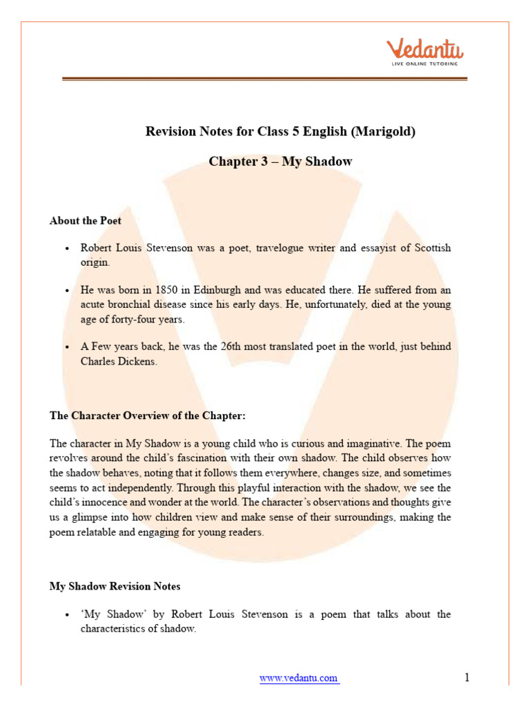 My Shadow: Class 5 Revision Notes | PDF | Poetry
