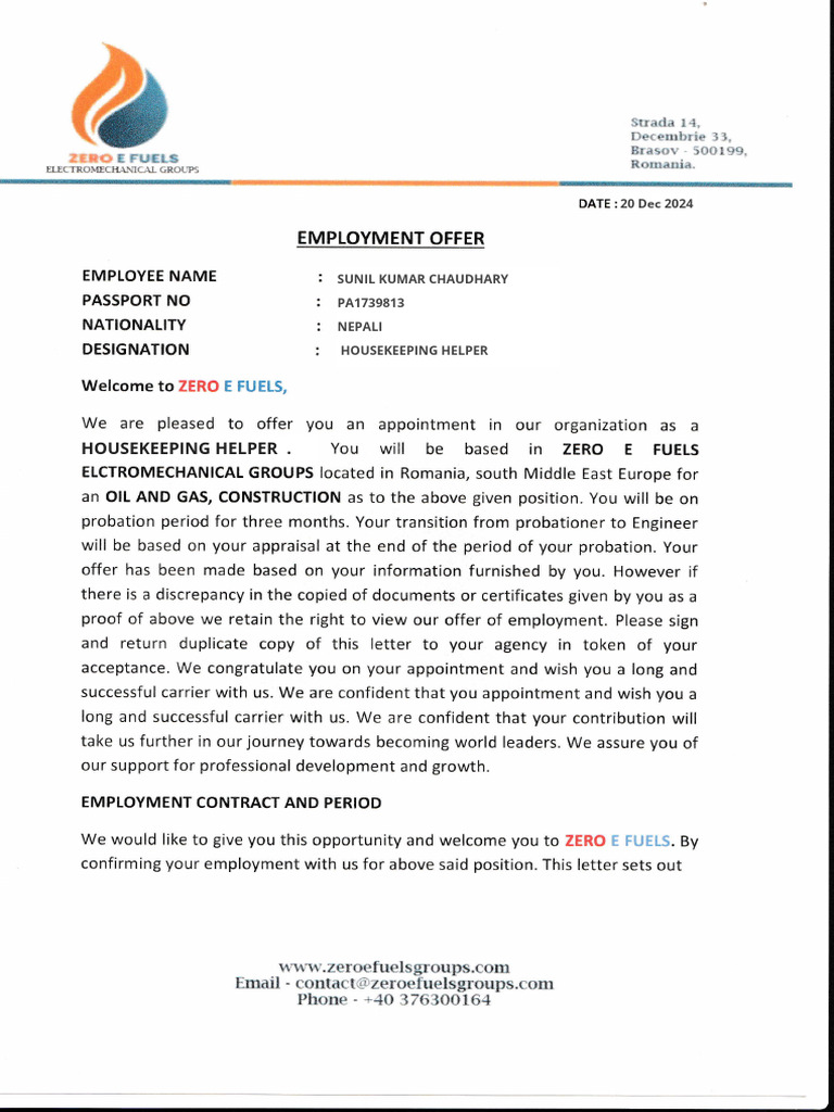 Romania Job Offer Letter Sample | PDF | Employment | Sick Leave
