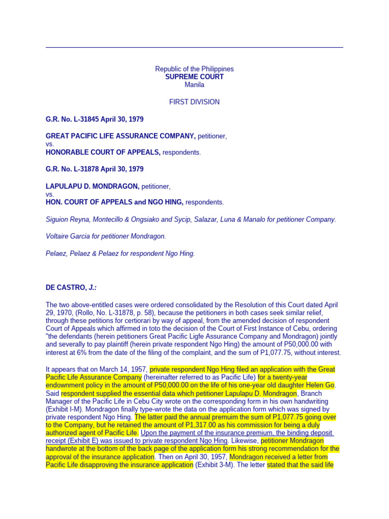 Double Insurance Reinsurance 40. Great Pacific Life Vs CA | PDF ...