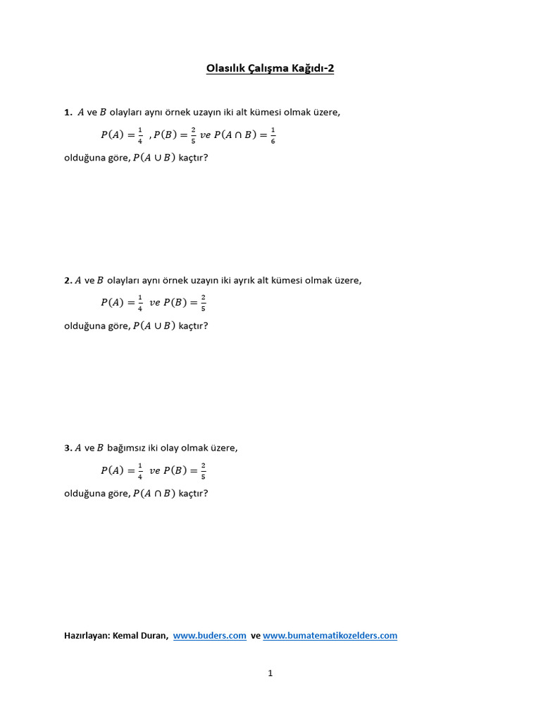 10.Sinif Olasilik Calisma Kagidi 2 | PDF