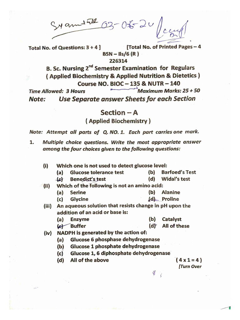 JU Nursing Paper Biochemistry and Nutrition 2024 | PDF