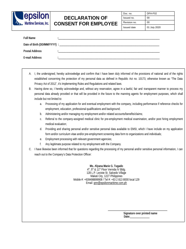 DPA-F02 - Declaration of Consent For Employee | PDF | Justice | Crime ...
