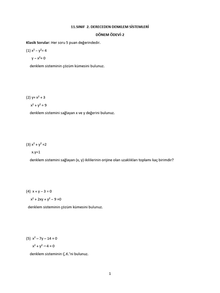 Sınıf 2. Dereceden Denklem Sistemleri | PDF