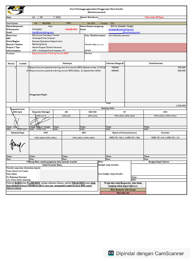 Reimbursement Biaya Konsumsi Training BDO | PDF