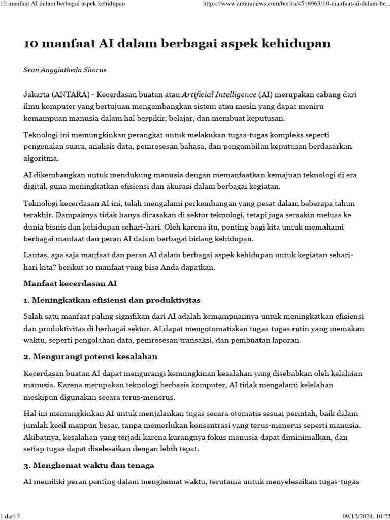 10 Manfaat AI Dalam Berbagai Aspek Kehidupan | PDF
