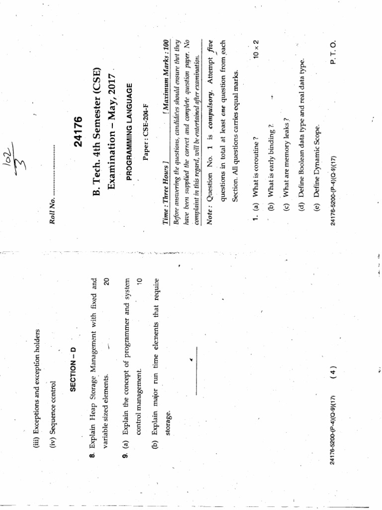 Btech Cse 4th Sem May 2017 Programming Language 24176 | PDF