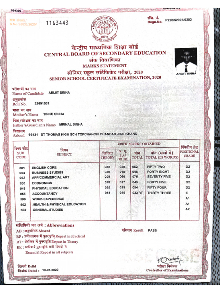 12th Class Marksheet | PDF