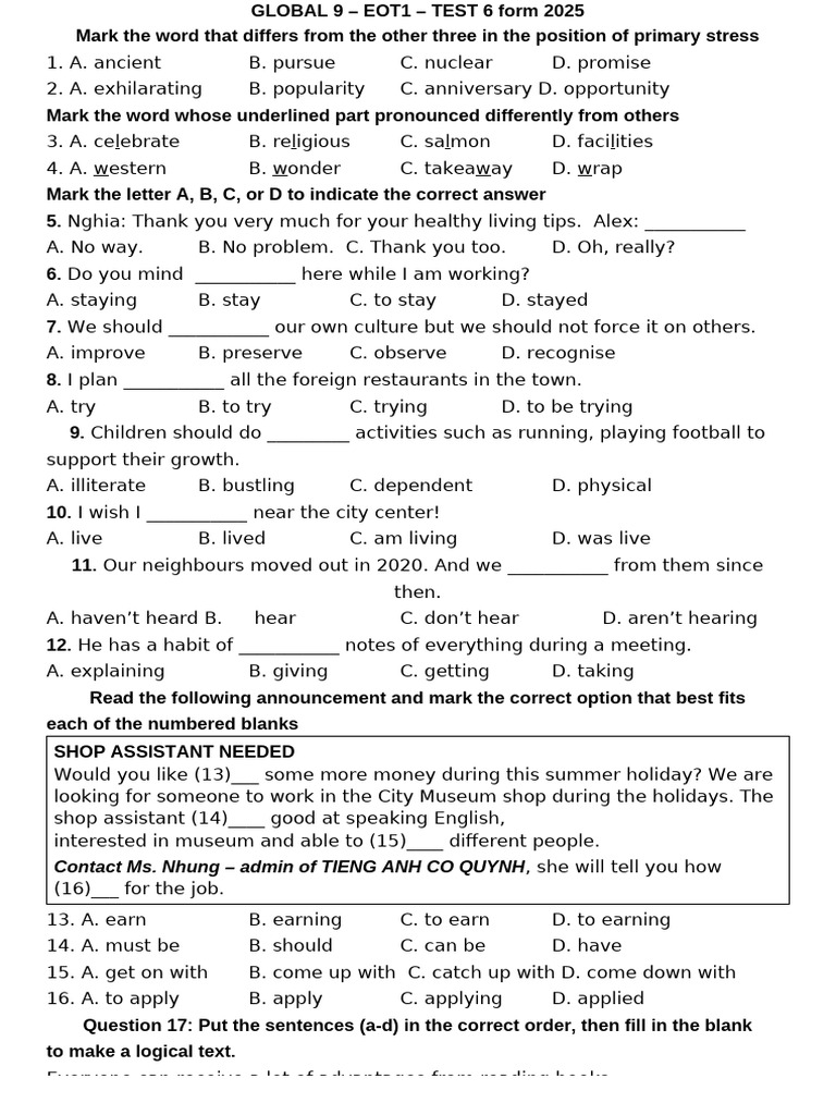 Đề Thi Cuối HK1 Tiếng Anh 9 Form 2025 Có Key - Đề 6 | PDF