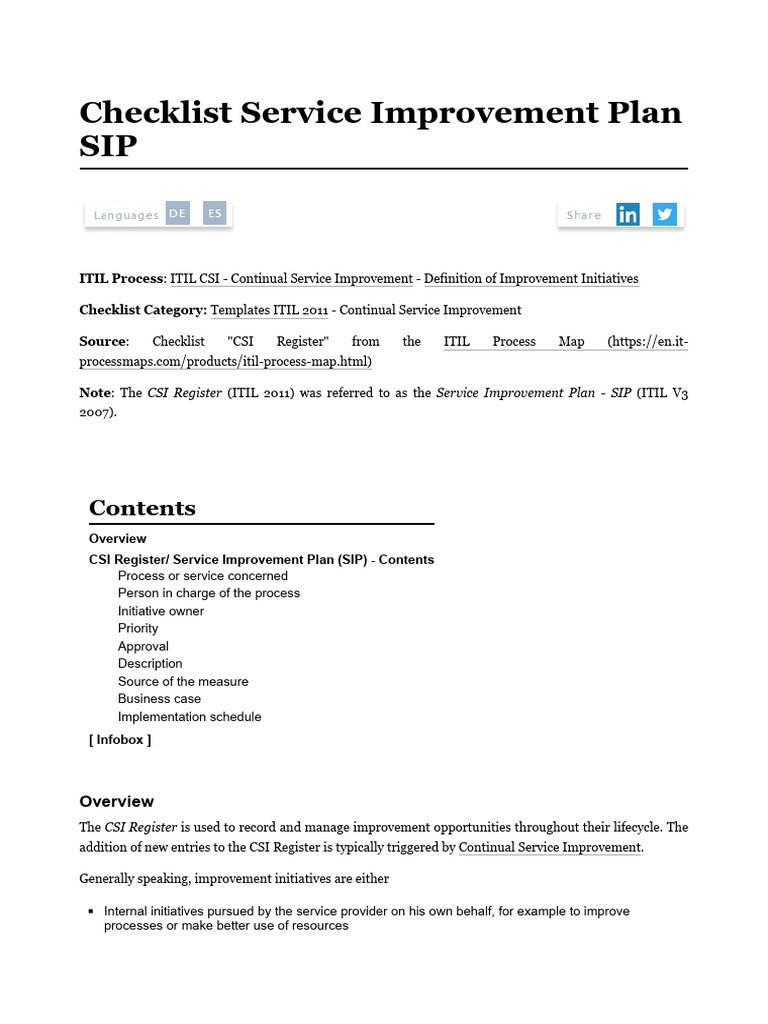 Checklist Service Improvement Plan SIP | PDF | Computing